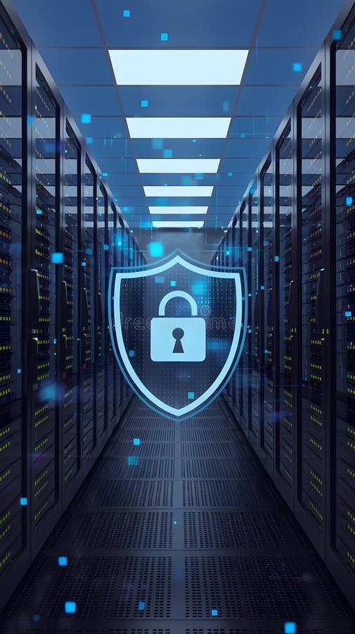 Data Center with Digital Shield, High Tech Atmosphere Indicating ...