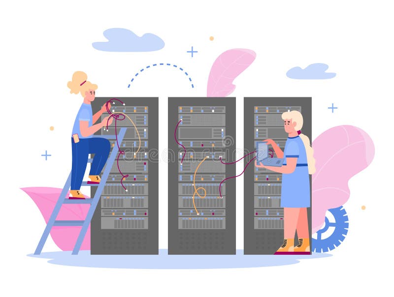 Data Center Servers and Staff Set of Cartoon Vector Illustrations ...