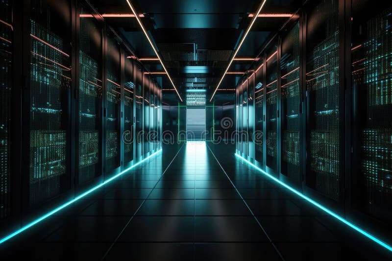 Data Center with Endless Rows of Servers and Blinking Lights Stock ...
