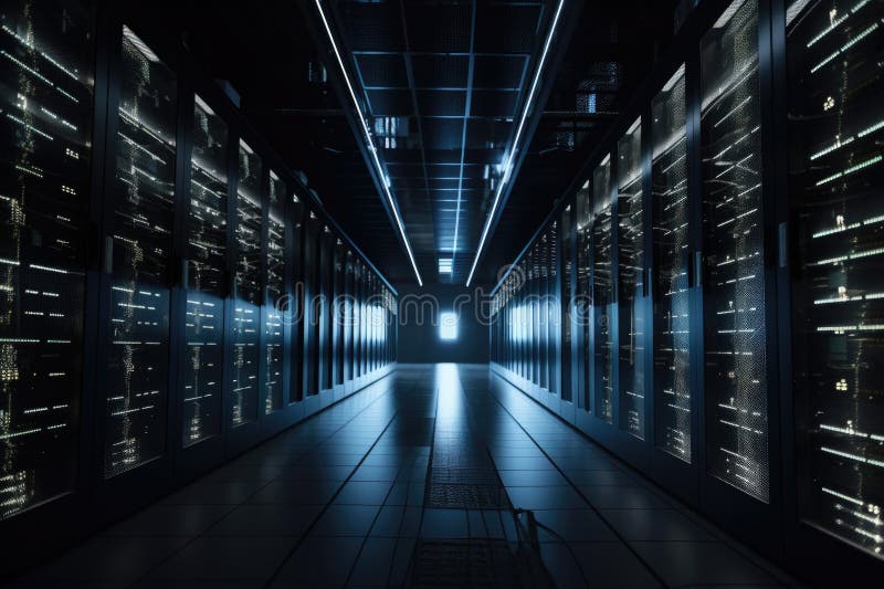 Data Center with Endless Rows of Servers and Blinking Lights Stock ...
