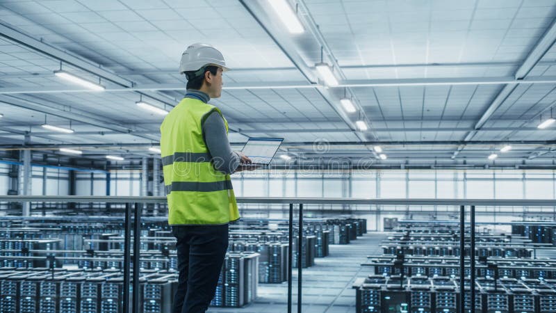 Data Center Engineer in High Visibility Vest Using Laptop Computer ...