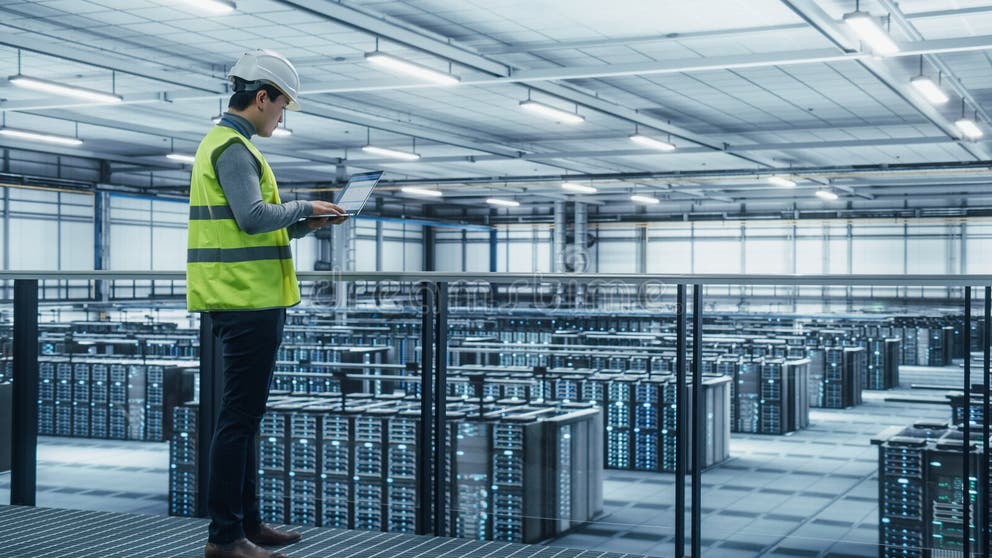 Data Center Engineer in High Visibility Vest Using Laptop Computer ...