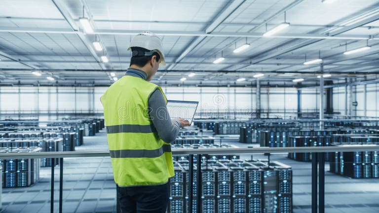 Data Center Engineer in High Visibility Vest Using Laptop Computer ...