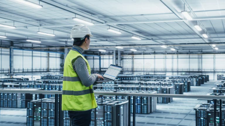 Data Center Engineer in High Visibility Vest Using Laptop Computer ...