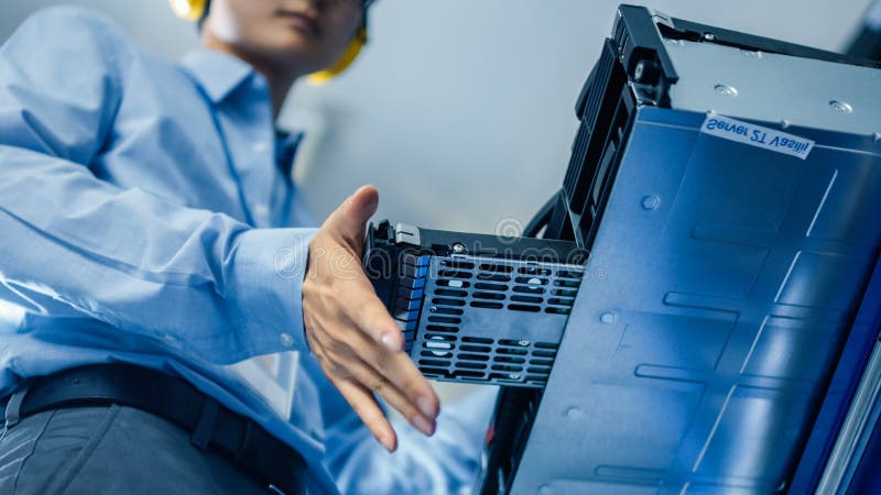 In the Data Center: it Engineer Installs New HDD Hard Drive and Other ...