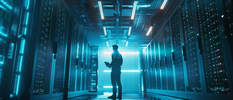 A Data Center it Engineer Stands beside a Working Server Rack ...