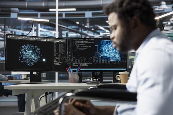 Data Center Engineer Using Artificial Intelligence Visualization Tools Stock Image - Image of ...