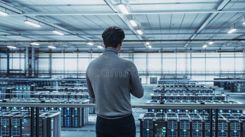 Data Center Engineer in High Visibility Vest Using Laptop Computer ...