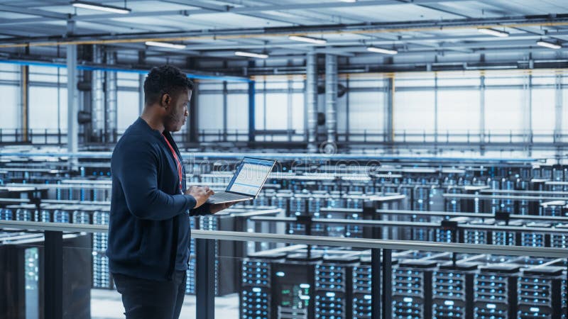 Data Center Engineer Using Laptop Computer. Server Farm Cloud Computing ...