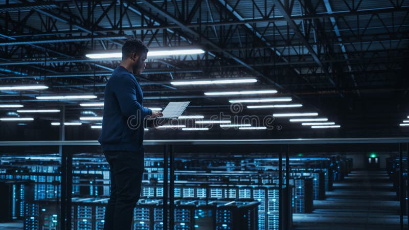 Data Center Engineer Using Laptop Computer. Server Farm Cloud Computing Specialist Facility with ...