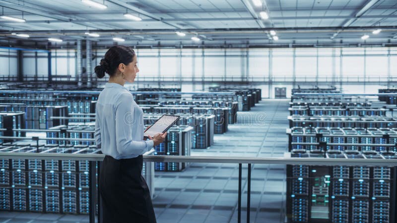 Data Center Engineer Using Tablet Computer. Server Farm Cloud Computing ...