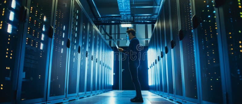 In the Data Center, an it Engineer Works on the Laptop from the Crash ...