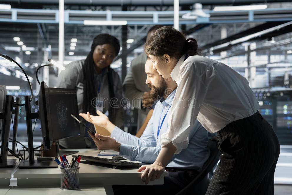 Data Center Engineering Team Doing Brainstorming, Monitoring System Performance Stock Image ...