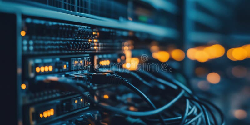 Data Center Equipment with Illuminated Servers and Cables Stock Photo ...