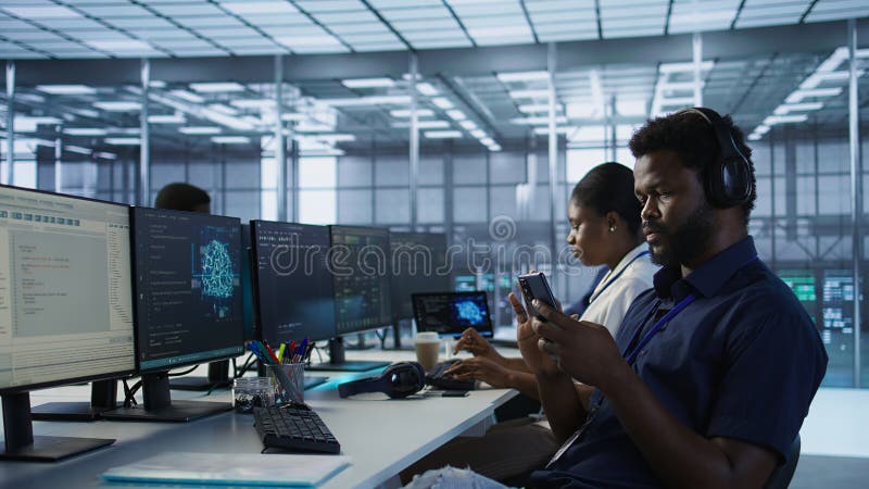 Data Center it Expert Texting on Smartphone, Taking Break Stock Image ...