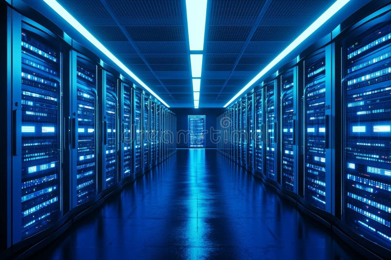 The Data Center Features Illuminated Racks for Servers and a High-tech ...
