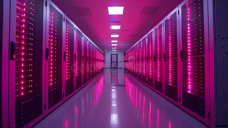A Data Center Features Numerous Server Racks Glowing in Neon Pink Light ...