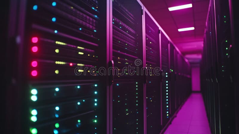 A Data Center Features Rows of Illuminated Servers in Vibrant Colors ...