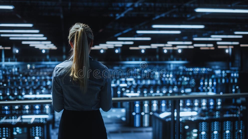 Data Center Female Programmer Using Laptop Computer, Maintenance it Specialist. in Cloud ...