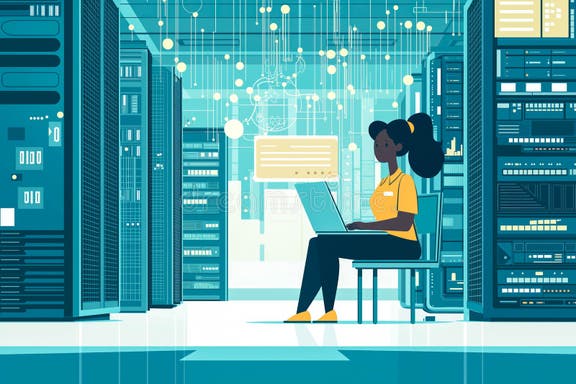 Data Center Female Programmer Using Laptop Computer, Maintenance it Specialist. in Cloud ...