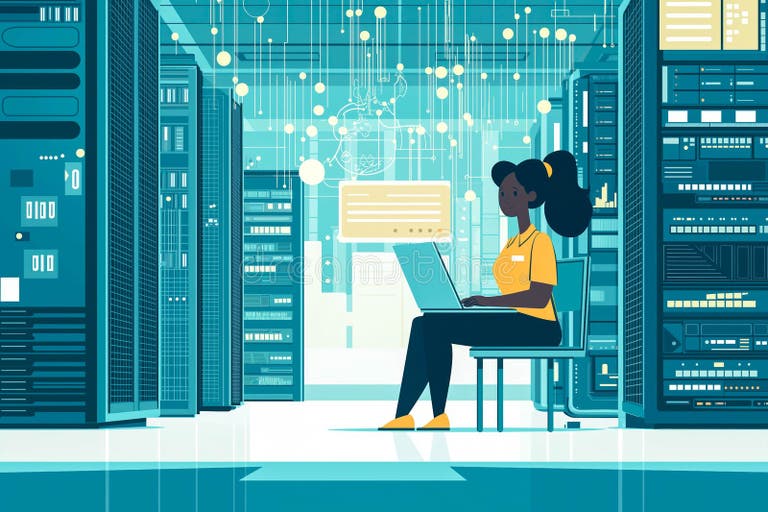 Data Center Female Programmer Using Laptop Computer, Maintenance it Specialist. in Cloud ...