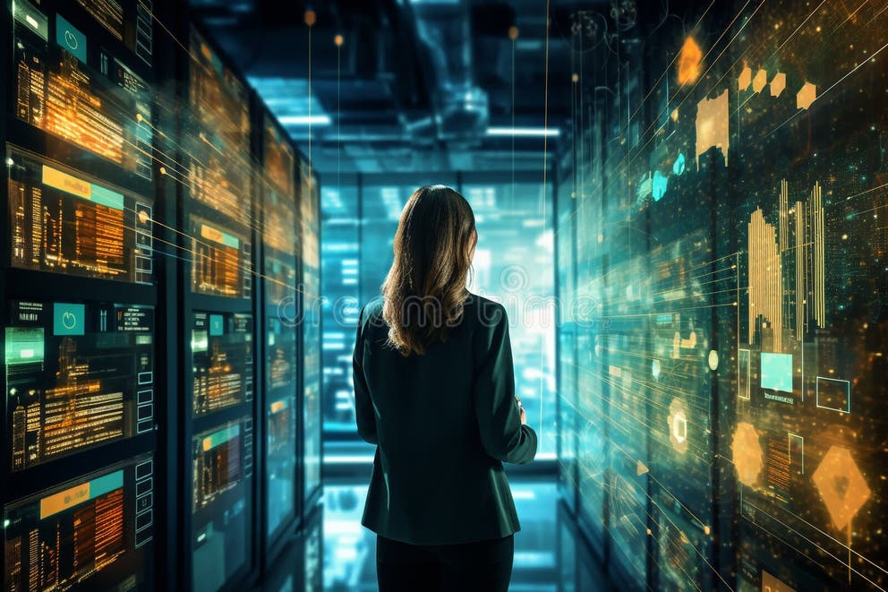 Data Center Female Programmer Using Laptop Computer, Maintenance it Specialist. in Cloud ...