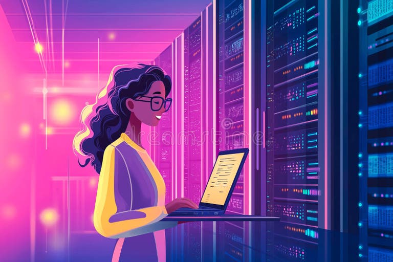 Data Center Female Programmer Using Laptop Computer, Maintenance it ...