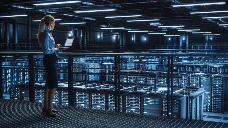 Data Center Female it Specialist Using Laptop. Server Farm Cloud ...