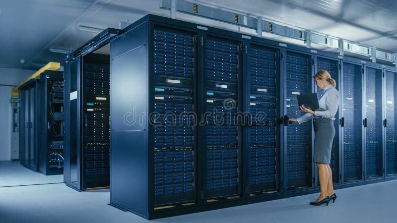 In Data Center: Female it Technician Opens Rack Cabinet and Runs ...