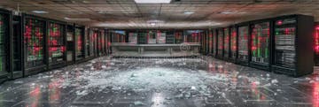 Data Center with Flashing Alert Lights and Shattered Glass Panel in ...