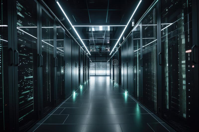 Data Center with Floor-to-ceiling Racks of Servers and Blinking Lights ...