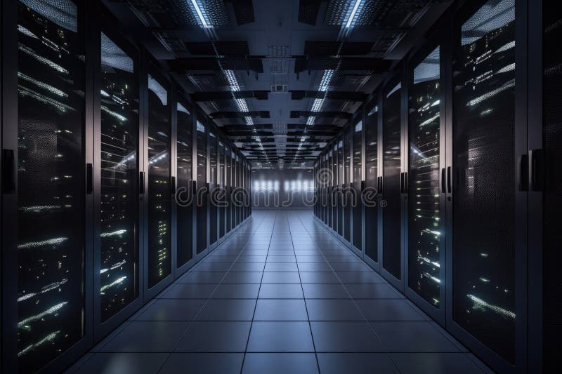 Data Center with Floor-to-ceiling Racks of Servers and Blinking Lights ...