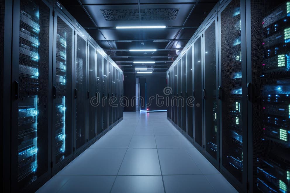 Data Center with Floor-to-ceiling Server Racks, Each Populated with ...