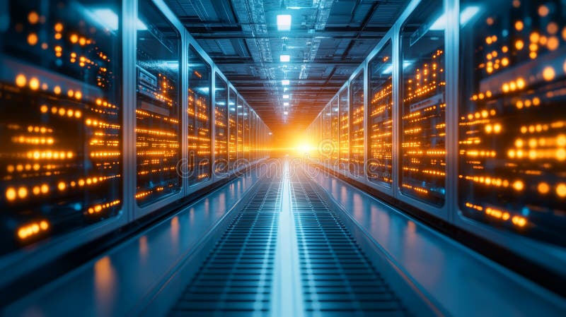 Data Center with Glowing Server Racks Stock Illustration - Illustration ...
