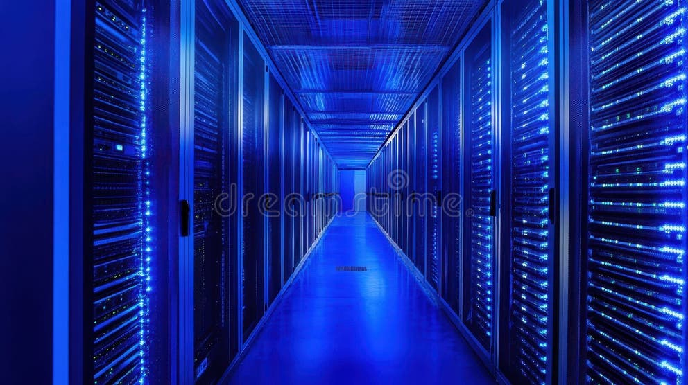 Data Center Hallway a Blue Universe of Servers, Storage, and Network ...