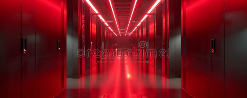 Data Center Hallway with Red Lighting, Futuristic and High-tech Concept ...