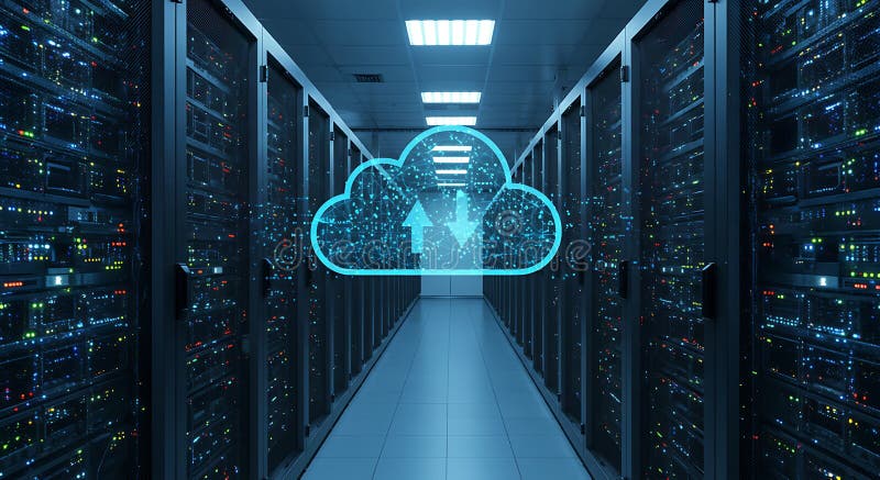 A Data Center Hallway with Rows of Server Racks on Both Sides. Each ...