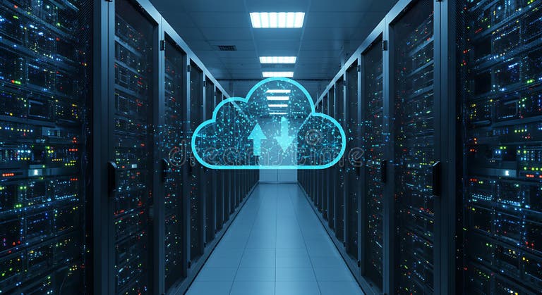 A Data Center Hallway with Rows of Server Racks on Both Sides. Each ...