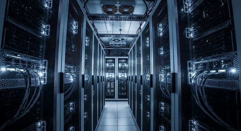 A Data Center Hallway with Rows of Server Racks on Either Side. the ...