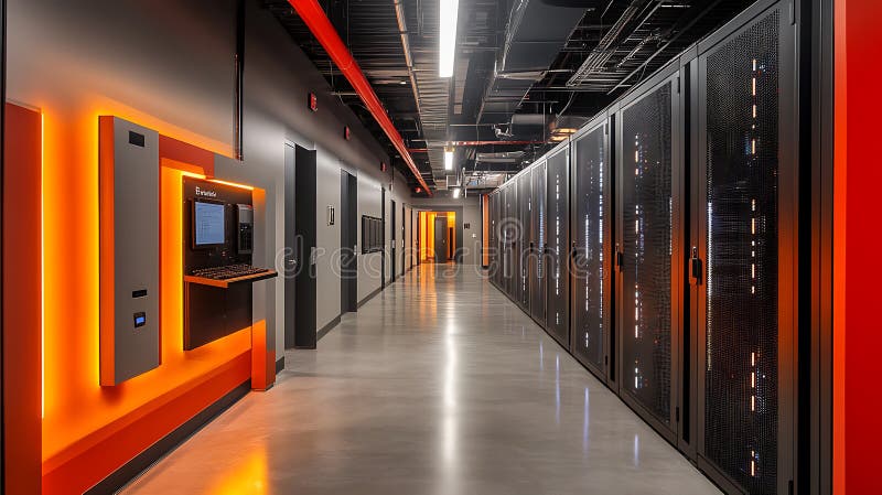 Data Center Hallway with Rows of Server Racks, Featuring Orange Accents ...