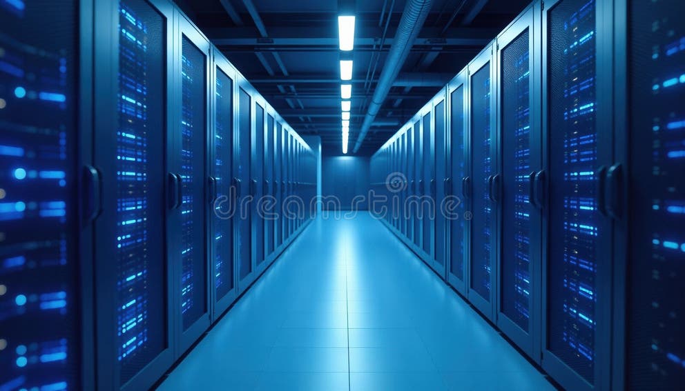 Data Center Hallway with Server Racks, Blue Light, Technology Concept ...