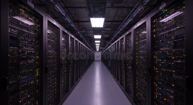 Data Center Hallway Servers, Network Infrastructure, Cloud Computing Powerhouse, Tech Hub, Rack ...