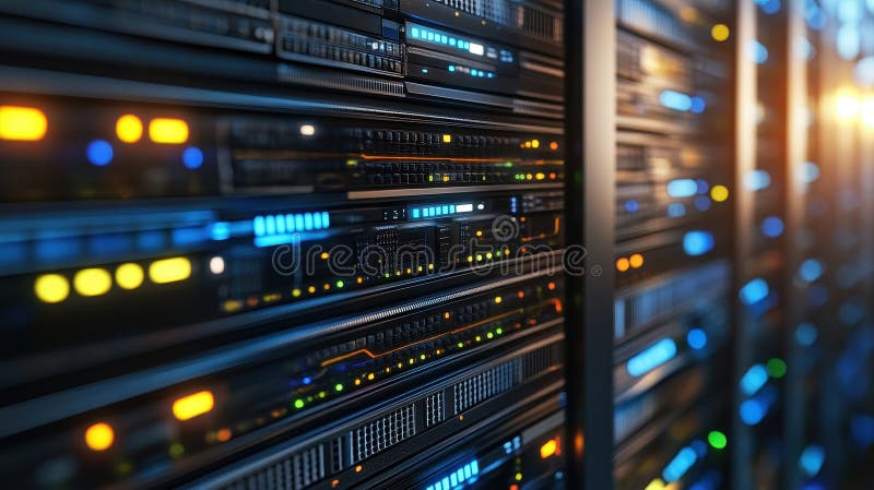 Data Center Hardware: Server Racks Glowing with Blue, Orange, and Green ...