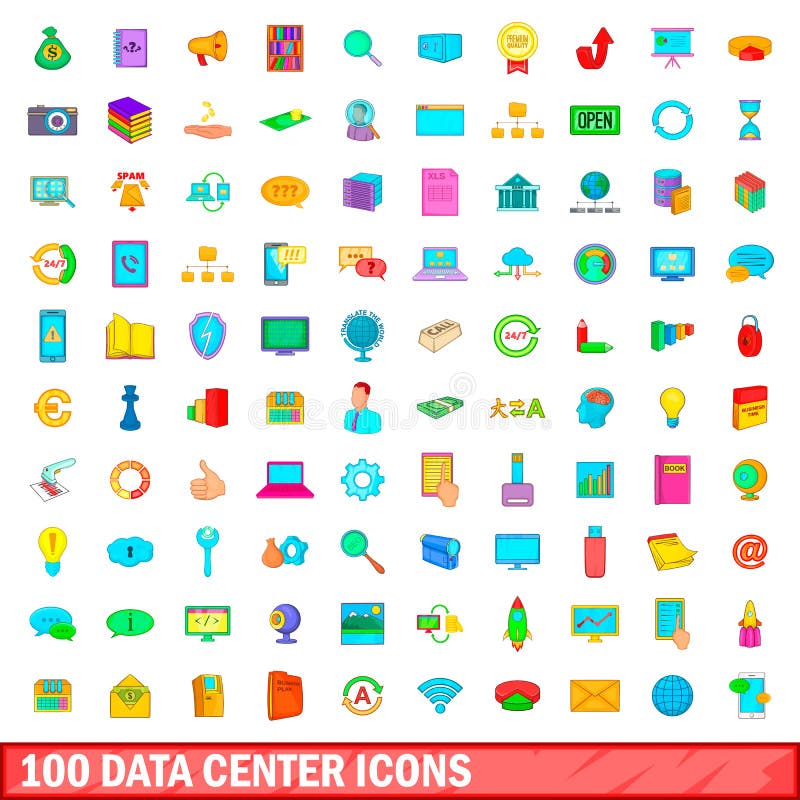 100 Data Center Icons Set, Cartoon Style Stock Vector - Illustration of ...