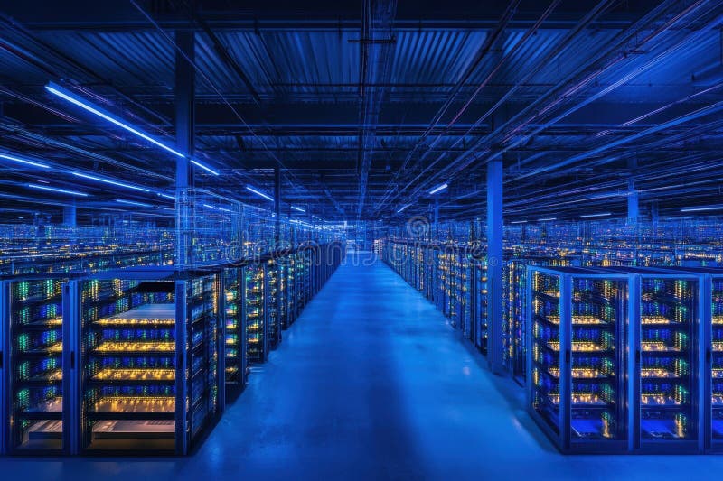Data Center Illuminated with Blue Lights Showcasing Rows of Server ...