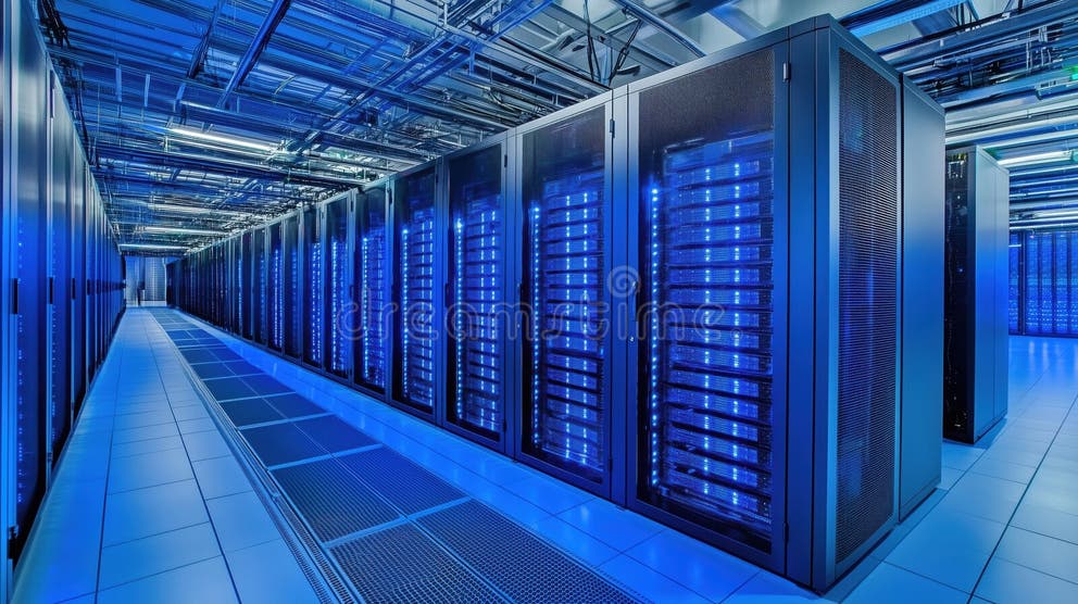 Data Center with Illuminated Server Racks and Blue Lighting Stock Image ...