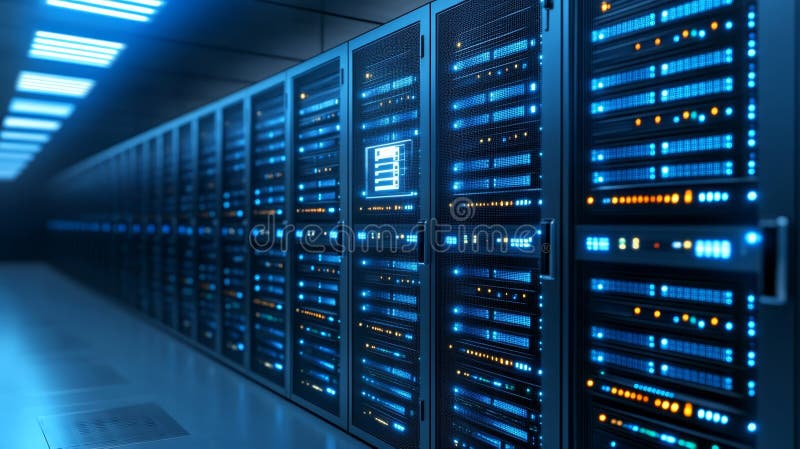 Data Center with Illuminated Server Racks and Technology Stock ...