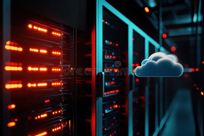 Data Center with Illuminated Servers and Cloud Symbol in High-tech ...