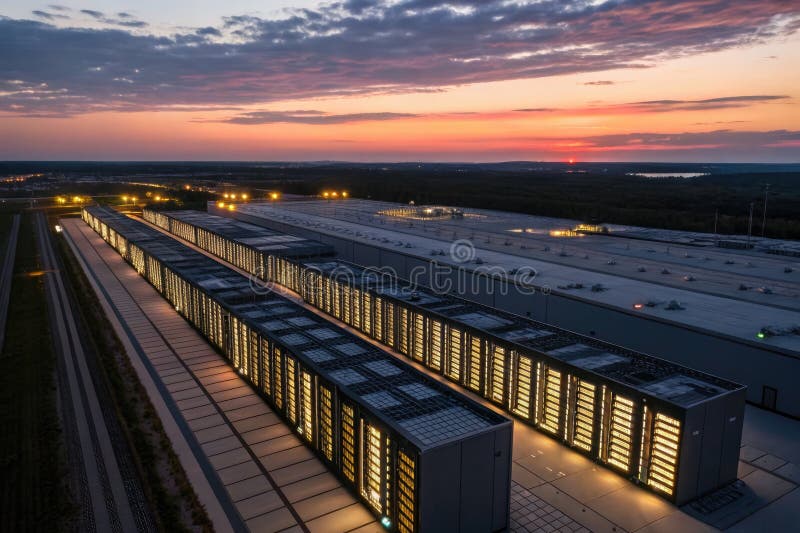 Data Center Illuminated by Sunset with Technology Infrastructure in ...