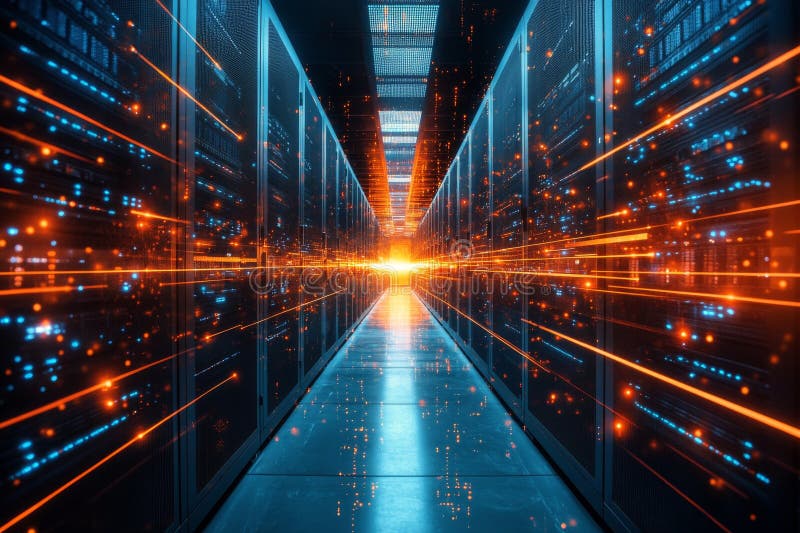 Data Center Illuminated by Vibrant Light Beams Creating a Dynamic and ...